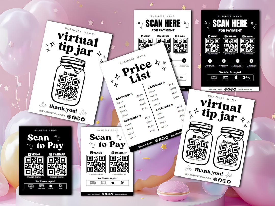 Business QR Code Bundle - Tip Jar, Scan to Pay, Price List Editable ...