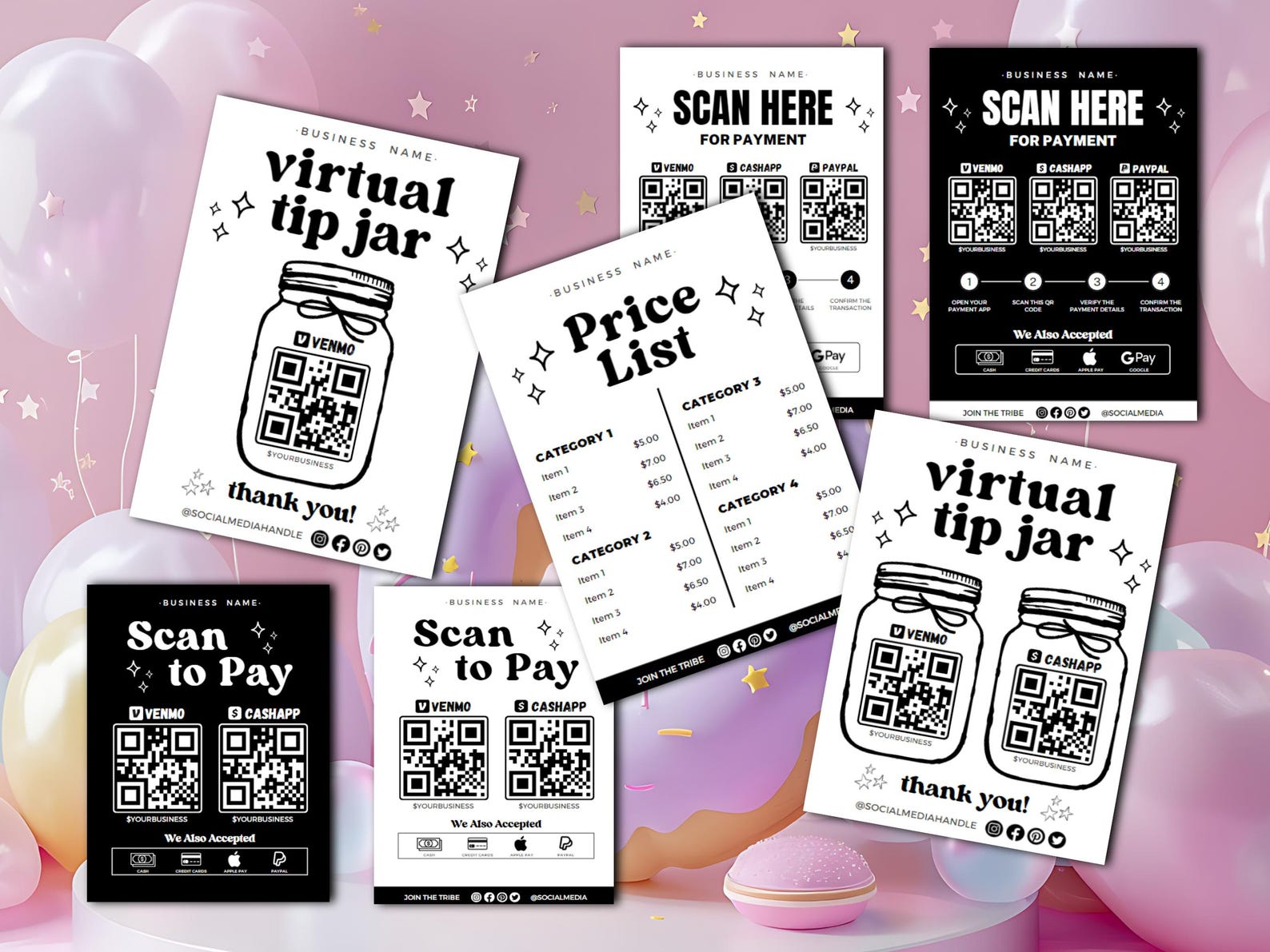 Business QR Code Bundle - Tip Jar, Scan to Pay, Price List Editable ...