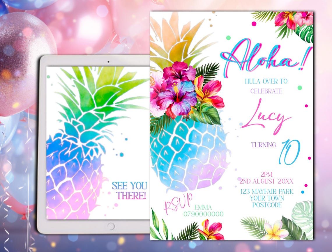 Editable Hula Party Digital Birthday Invitation. Hawaii Hula Beach ...