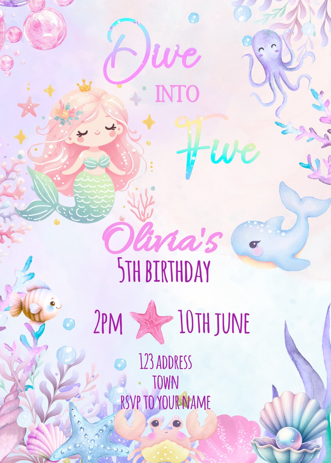 Editable Cute Mermaid Digital Invitation Girls Under the Sea Party ...