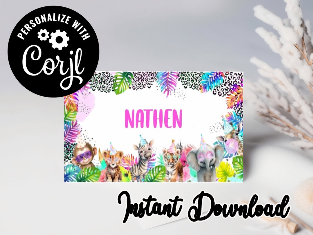 Party Animals Name Card - Tent Name Card - Editable Digital, Party ...
