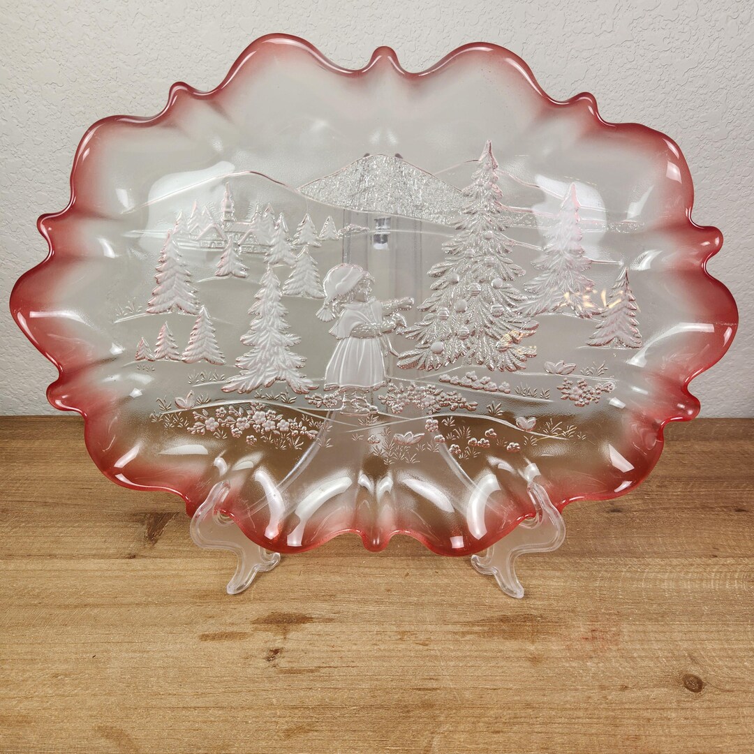 Vintage Mikasa Christmas Story Platter - Frosted Glass With Cranberry ...