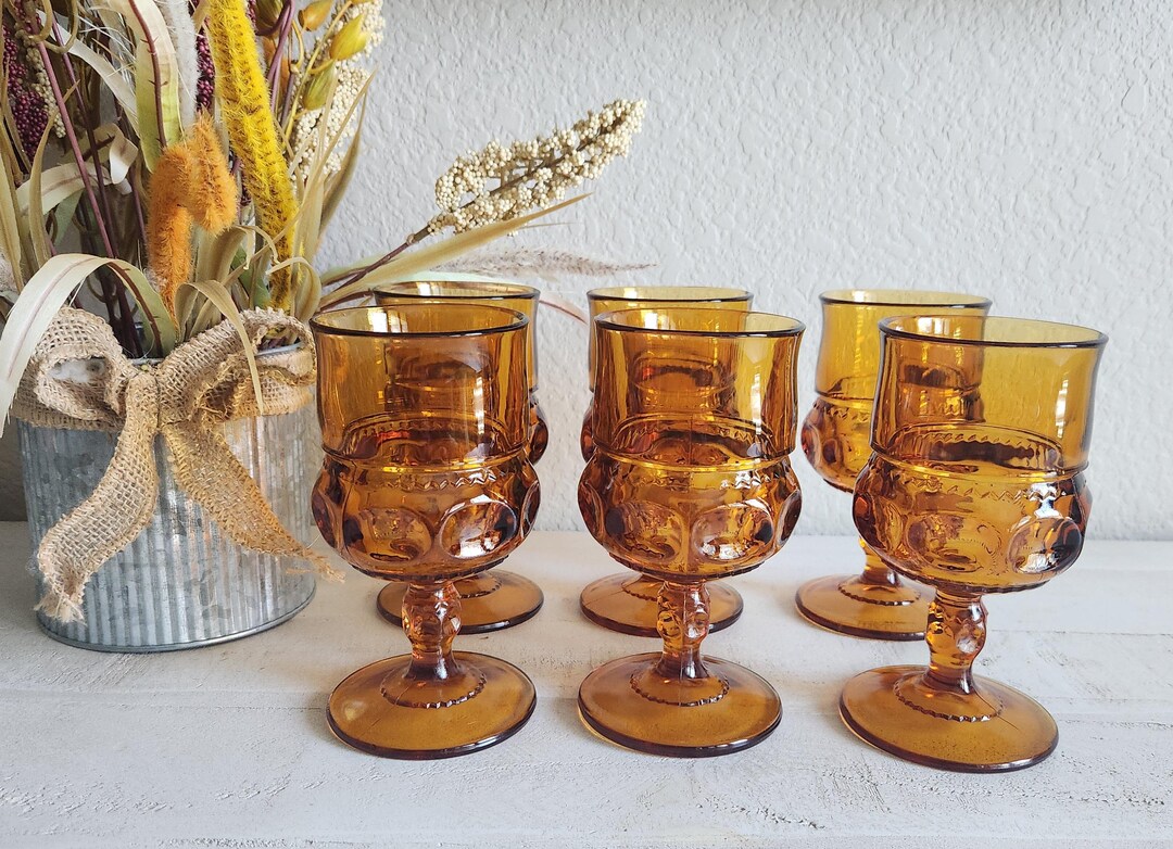 Vintage Amber Glass Goblets Indiana Glass Kings Crown Thumbprint 1960s ...