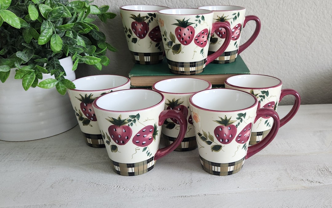 Vintage Oneida Strawberry Plaid Mugs Coffee Cups, Tea Cups, Hand ...