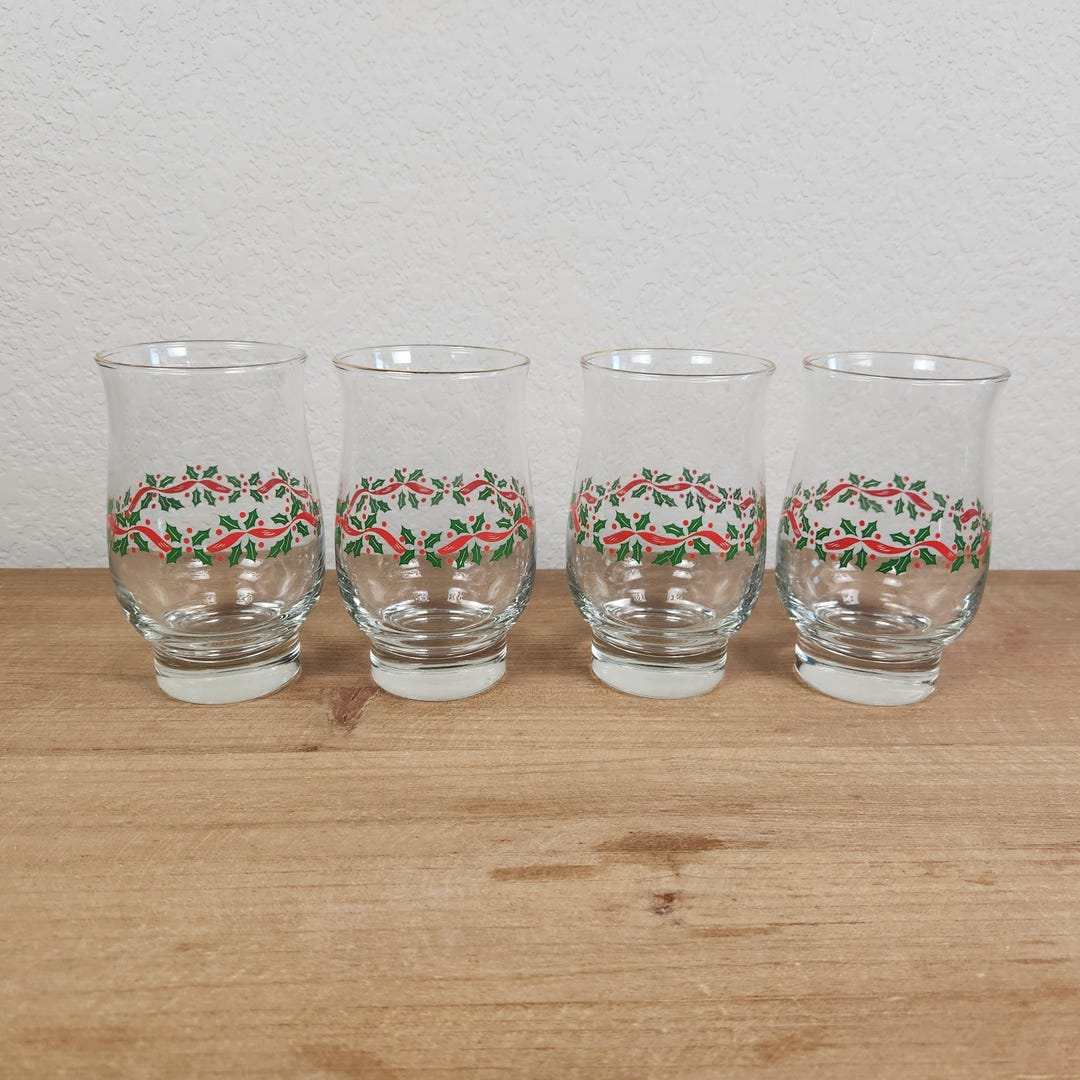 Vintage Christmas Holly Berry Glass Tumblers, Red Ribbon Christmas ...