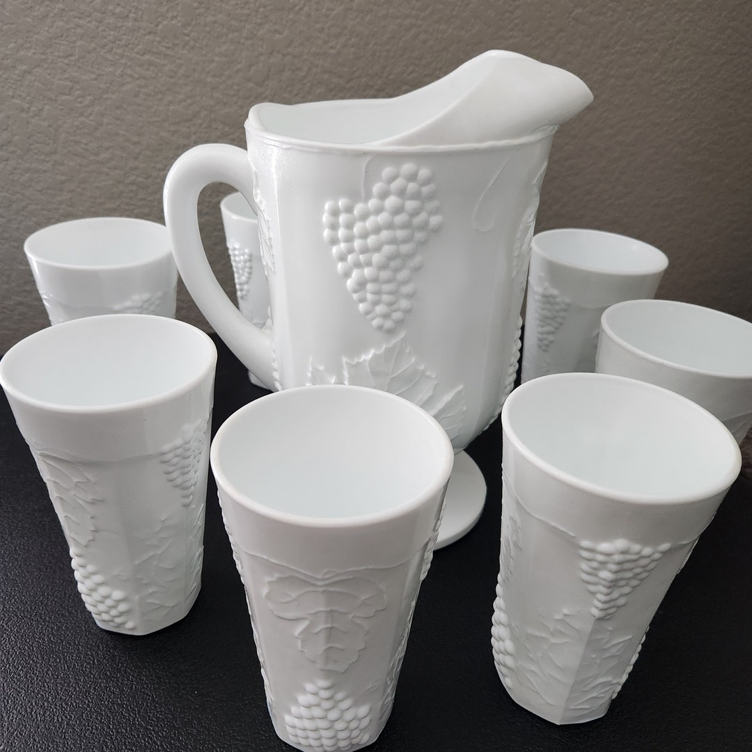 Vintage Milk Glass Large Pitcher With Grapepattern and 8 Matching ...