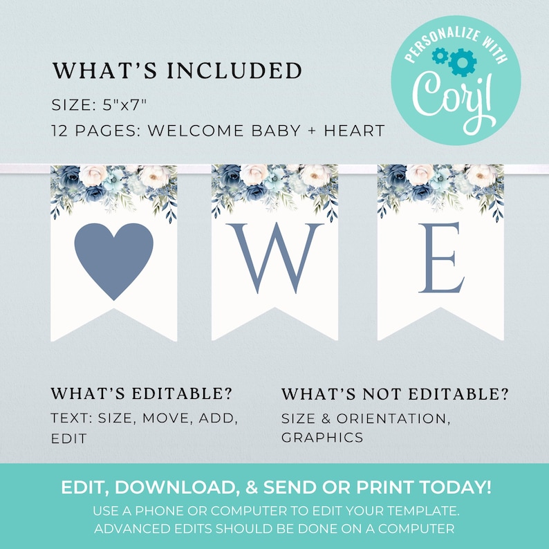 Welcome Baby Banner, Baby in Bloom Blue Baby Shower Bunting Decoration ...