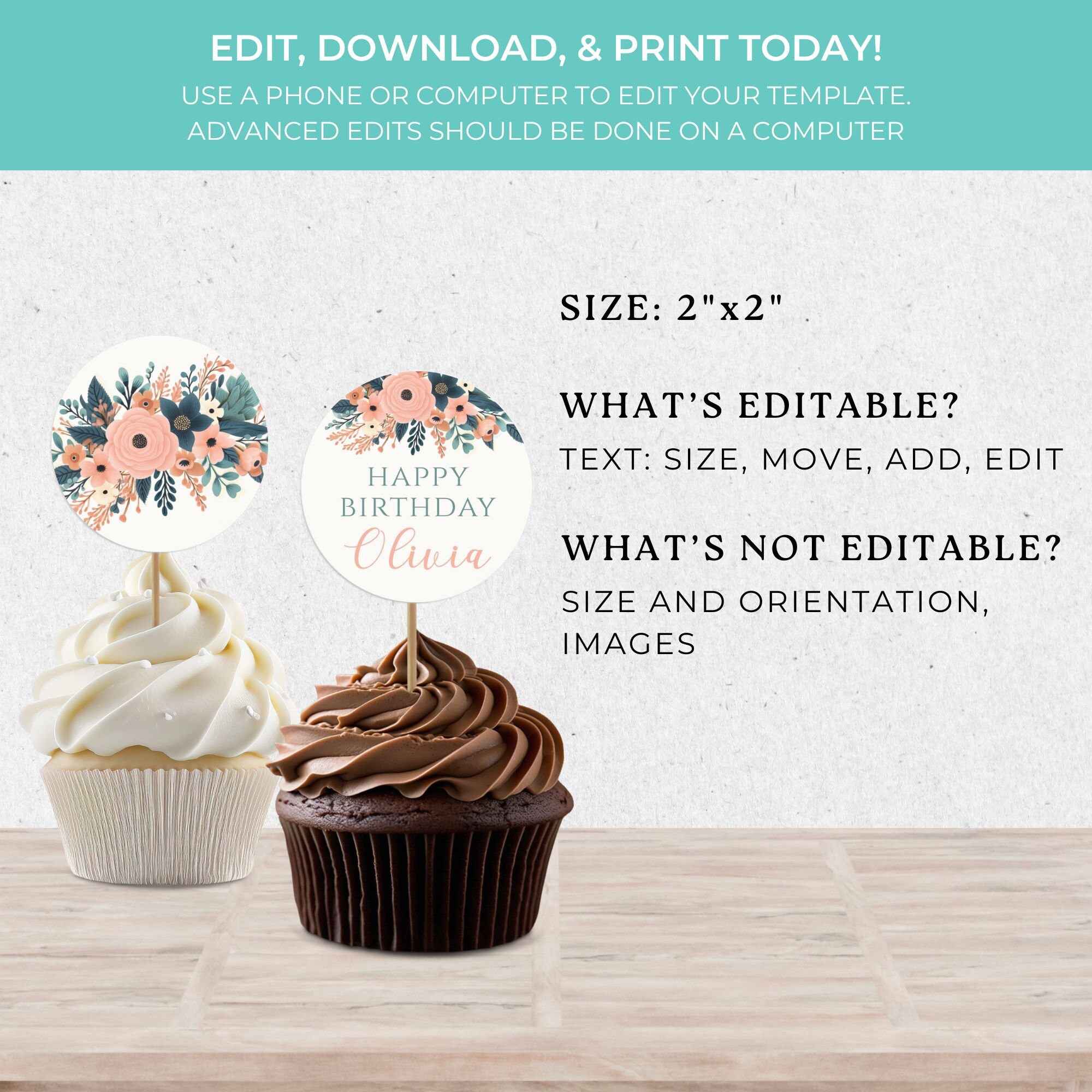 Editable Cupcake Toppers, Pink Floral Second Birthday Decorations, Girl ...