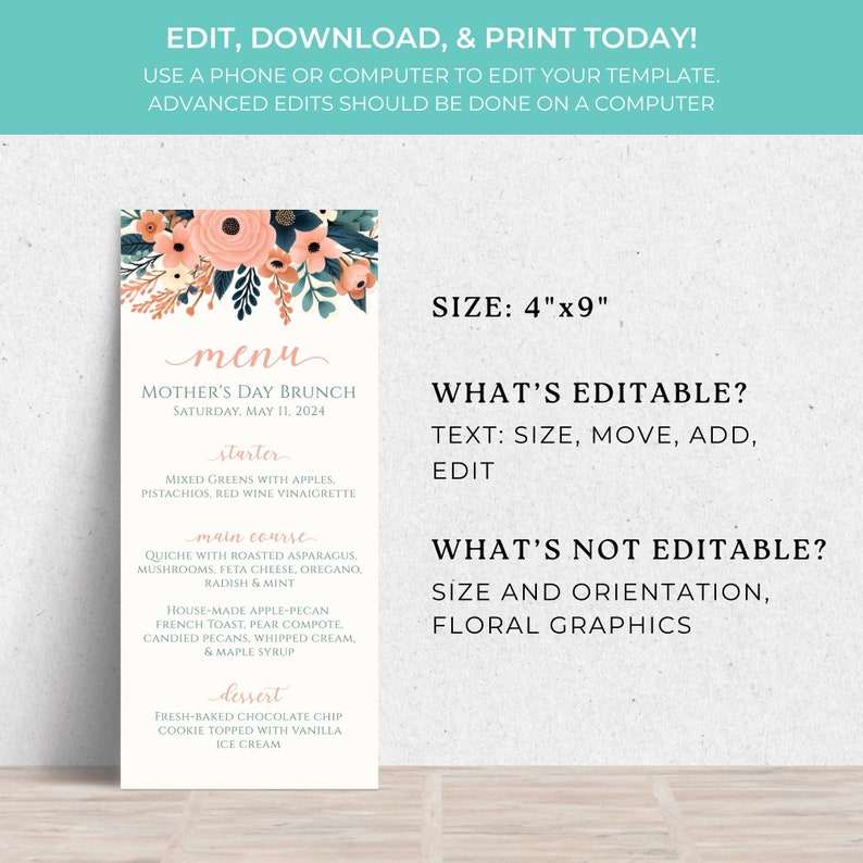 Editable Mother's Day Brunch Menu, Pink Floral Menu Card, Blush Pink ...