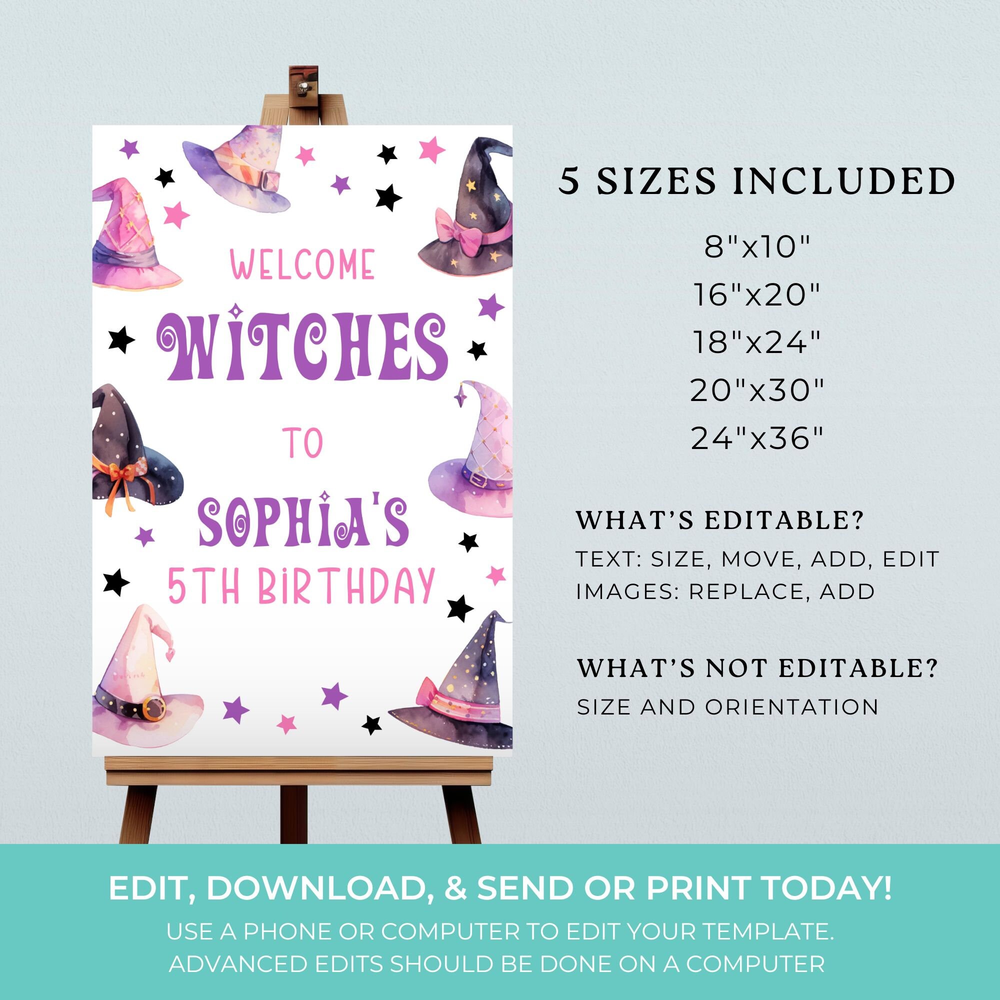 Editable Witch Birthday Welcome Sign, Purple Bewitching Bash, Girl ...