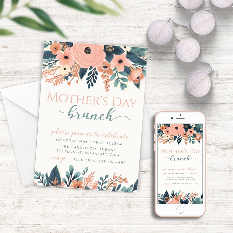 Editable Mother's Day Brunch Menu, Pink Floral Menu Card, Blush Pink ...