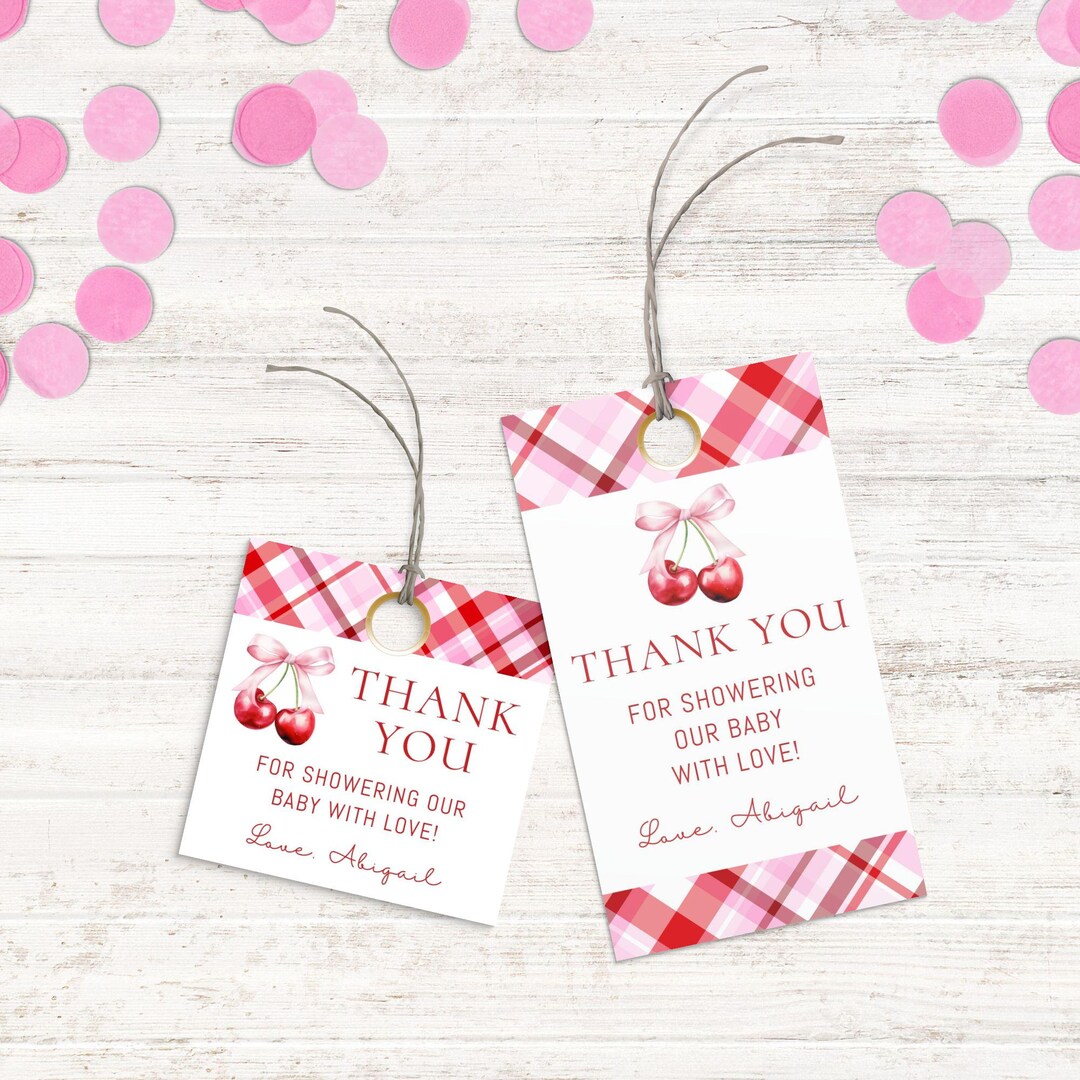 Cherry Favor Tags, Pink Bow Coquette Girl Baby Shower, Red Plaid ...