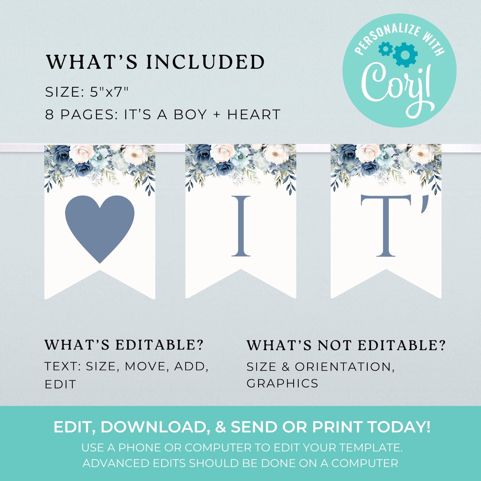 It's a Boy Banner, Dusty Blue Floral Baby Shower, Blue Baby in Bloom ...