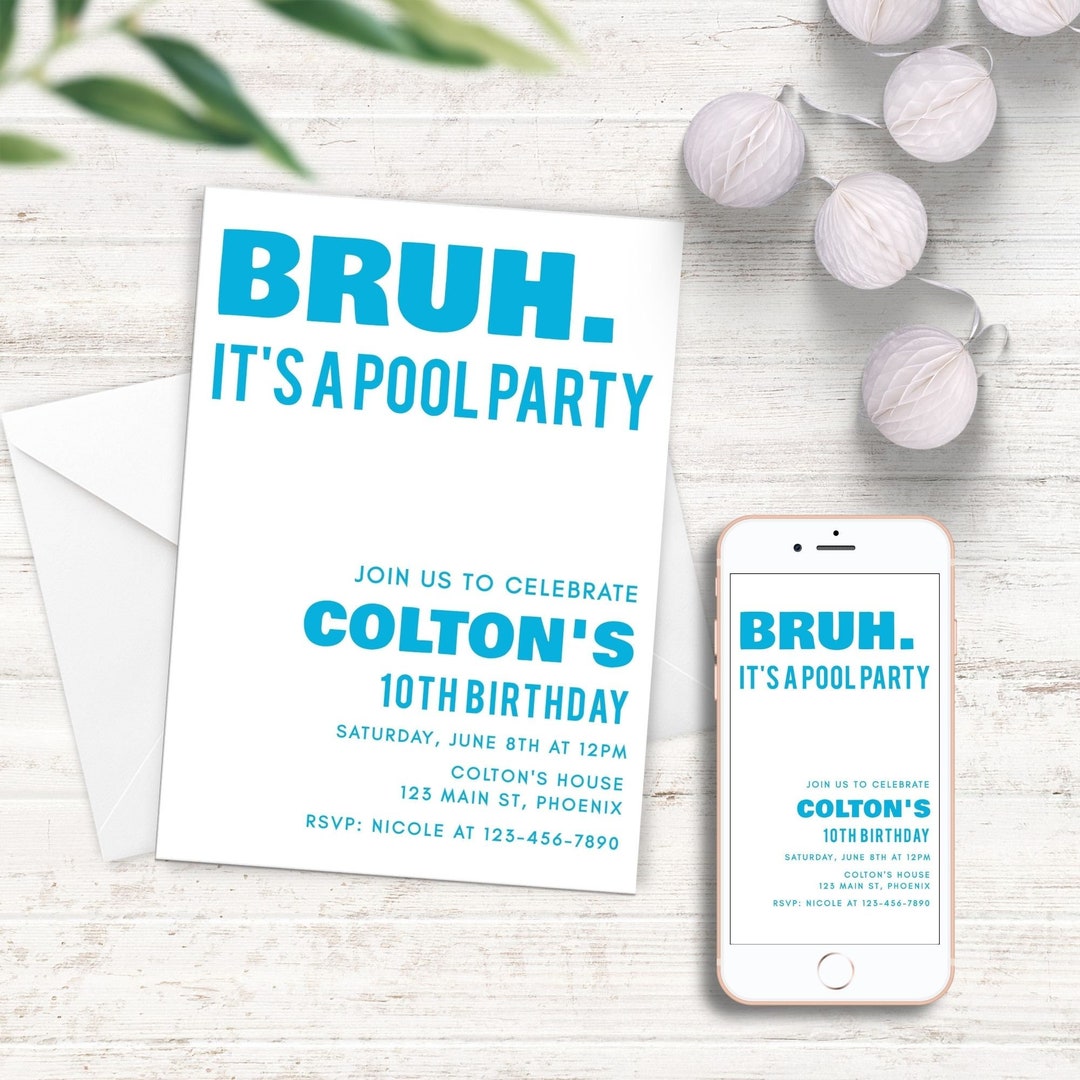 BRUH Pool Party Birthday Invitation, EDITABLE Bruh Birthday Invite, Boy ...