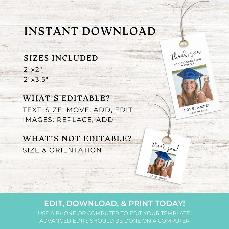 Graduation Favor Tag, Grad Thank You Gift, Editable Grad Photo Gift Tag ...