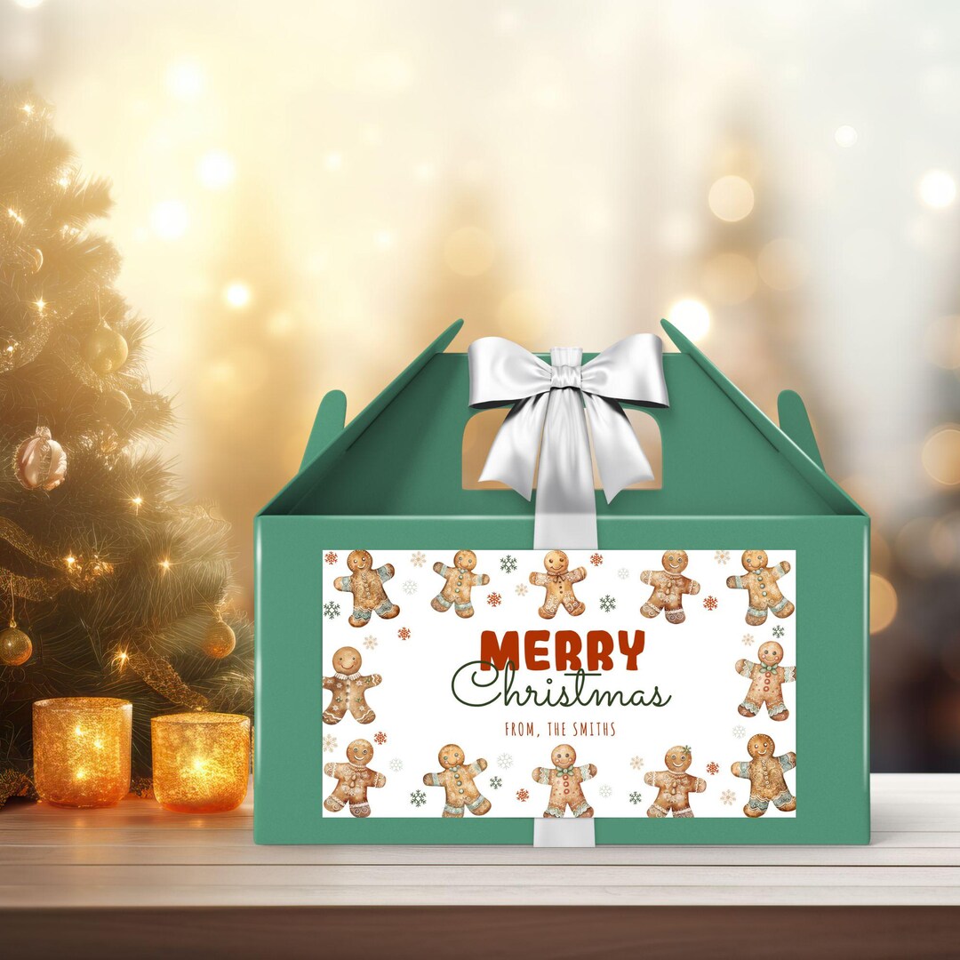 Christmas Gable Box Label, Festive Holiday Party Favor Box Sticker ...