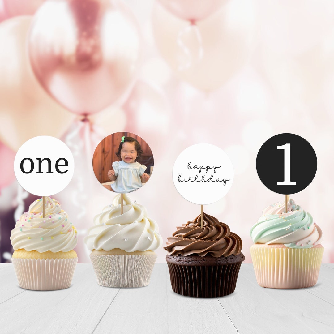 Editable Cupcake Toppers With Photo, Minimalist Birthday Decor, Simple ...