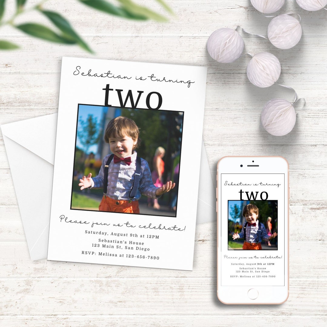 Editable Minimalist Second Birthday Mobile Invitation With Photo, 2nd ...