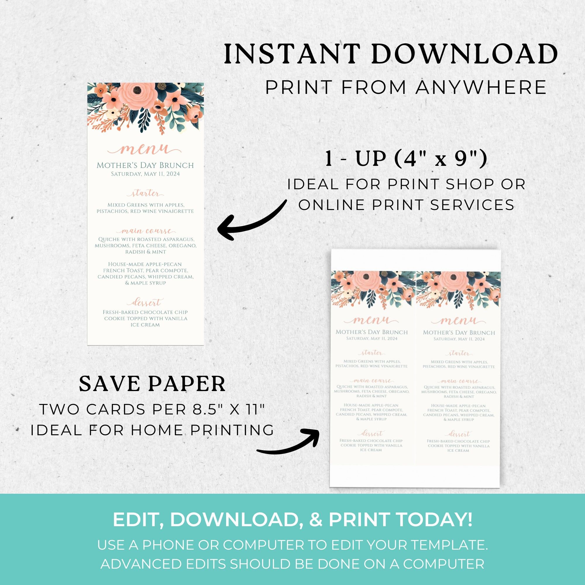 Editable Mother's Day Brunch Menu, Pink Floral Menu Card, Blush Pink ...