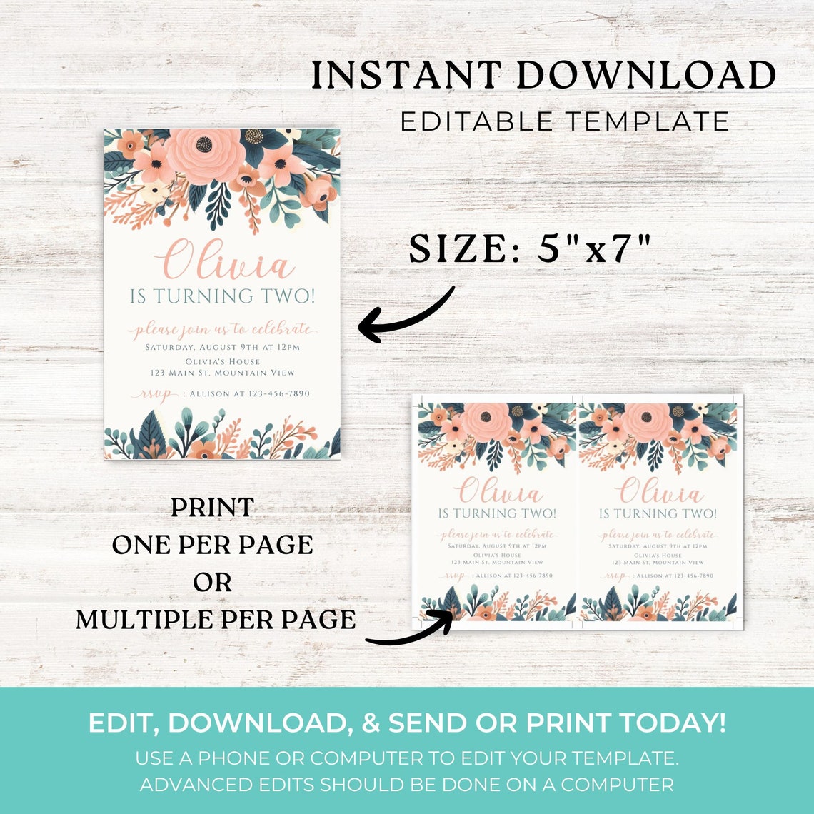 Pink Floral Second Birthday Invitation, Blush Pink Flower, Girl 2nd ...