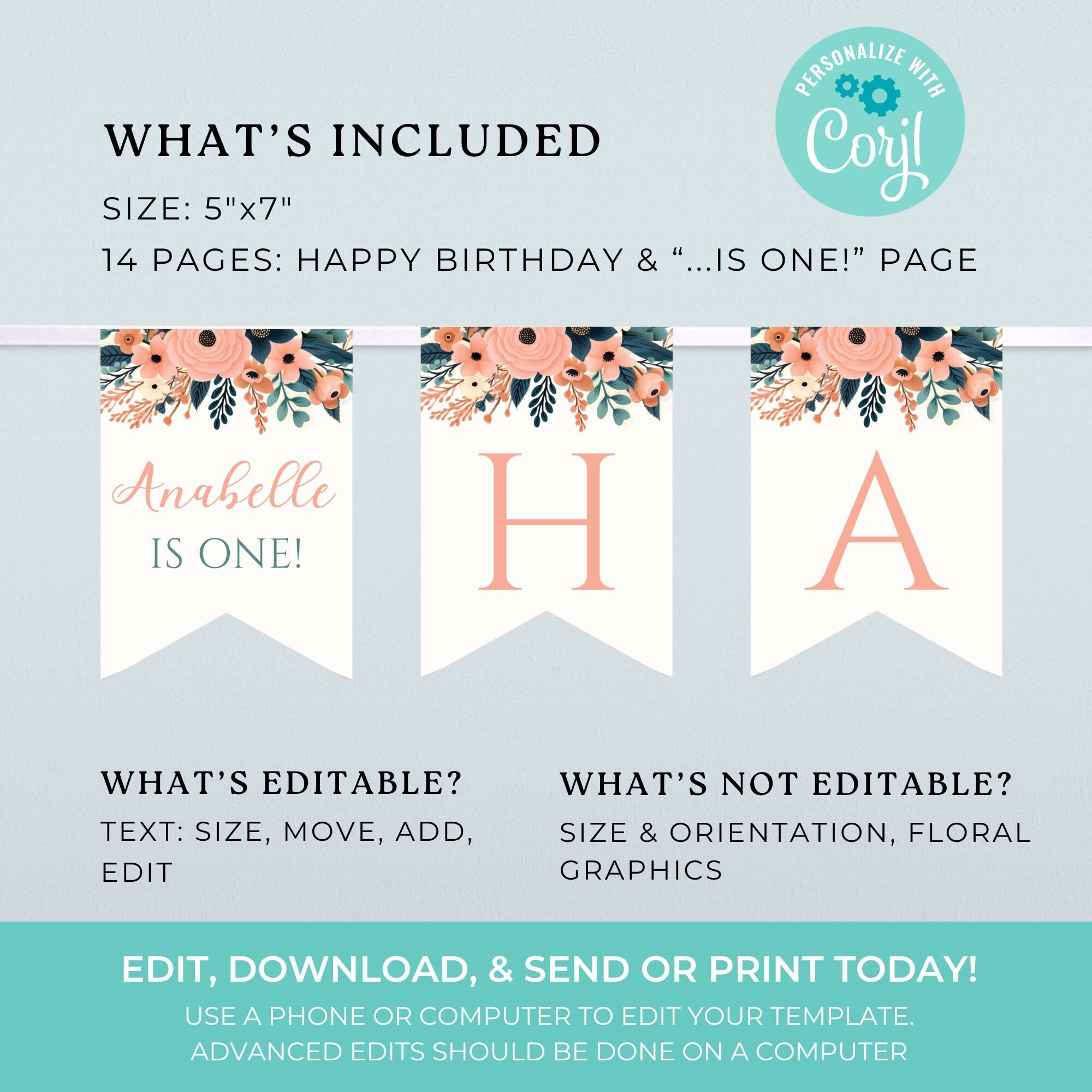 Editable Happy Birthday Banner, Pink Floral Birthday, Blush Pink Garden ...