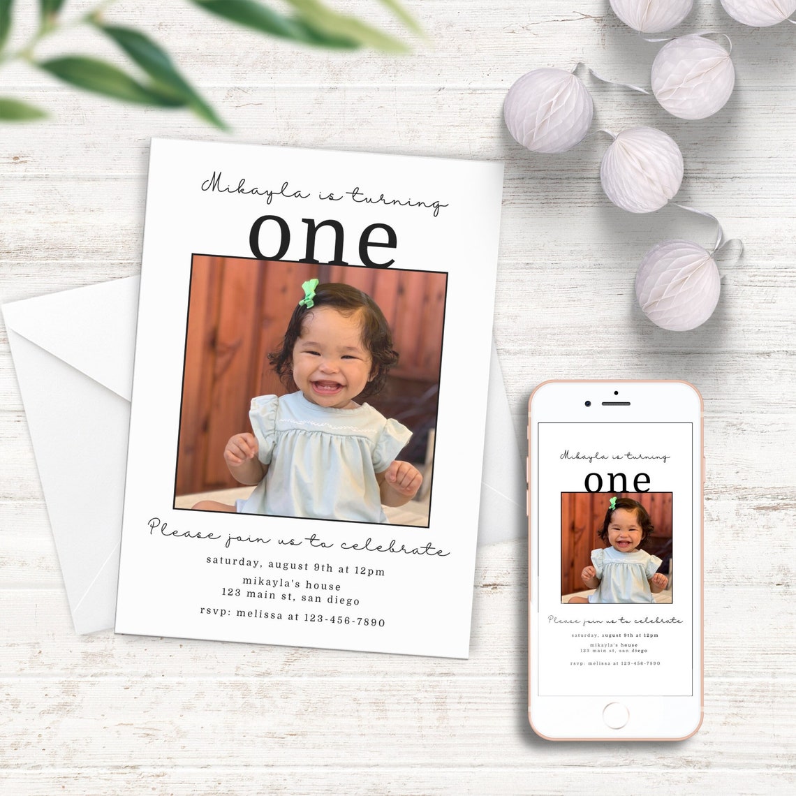 Minimalist First Birthday Invitation, EDITABLE Modern 1st Birthday ...