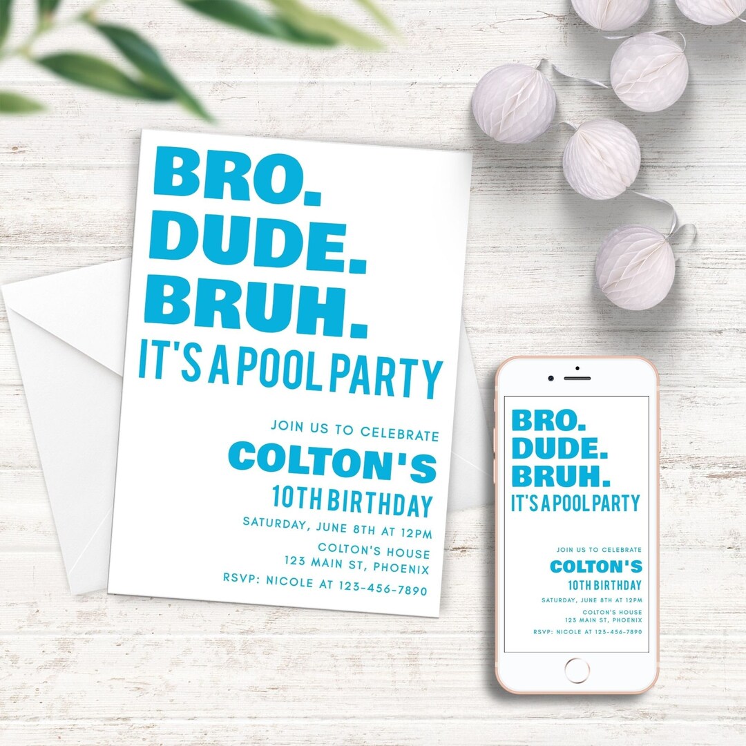 BRUH Pool Party Birthday Invitation, EDITABLE Bruh Birthday Invite, Bro ...