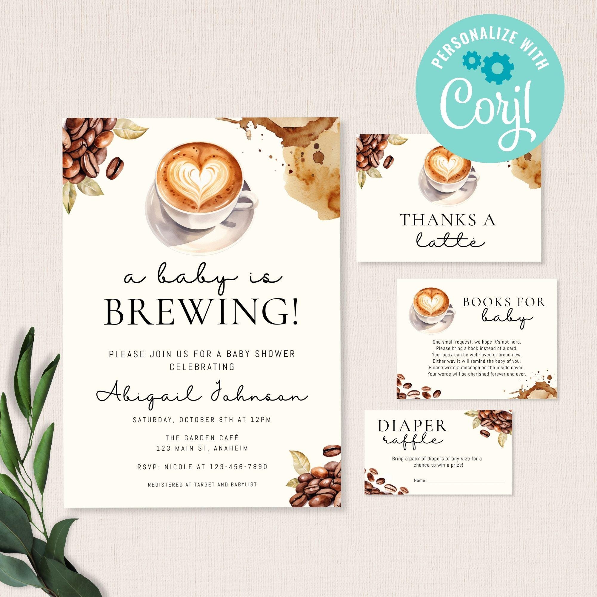 Coffee Baby Shower Invitation Bundle, A Baby is Brewing Invite ...