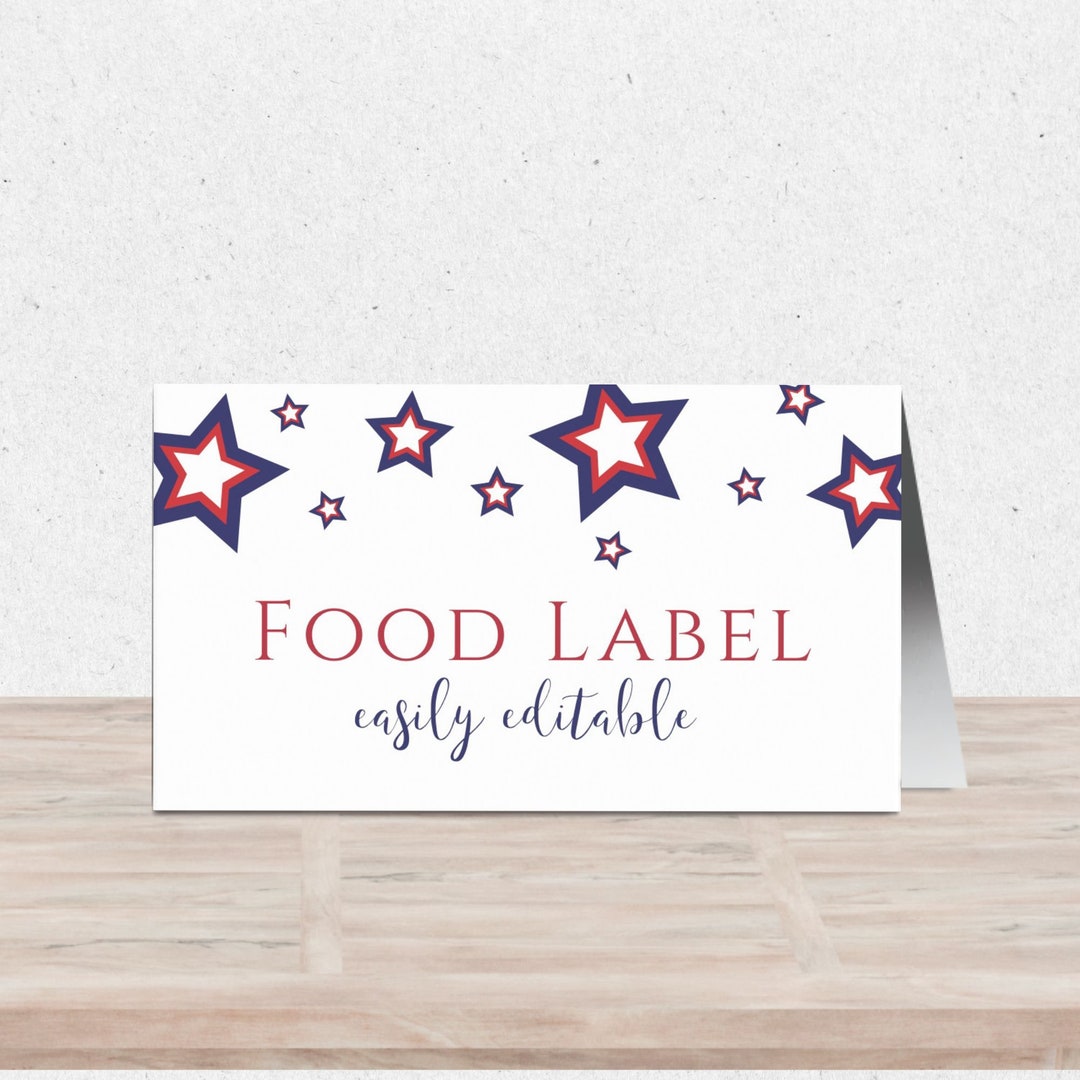 Editable Food Label, Red White and Blue Birthday Custom Food Tent Card ...
