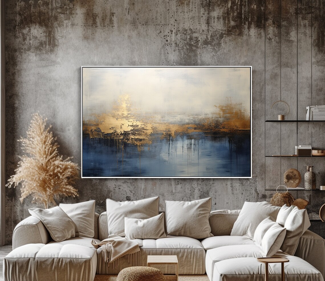 Black, Blue, Gold, Blue Tones Textured Painting, Acrylic Abstract Oil ...