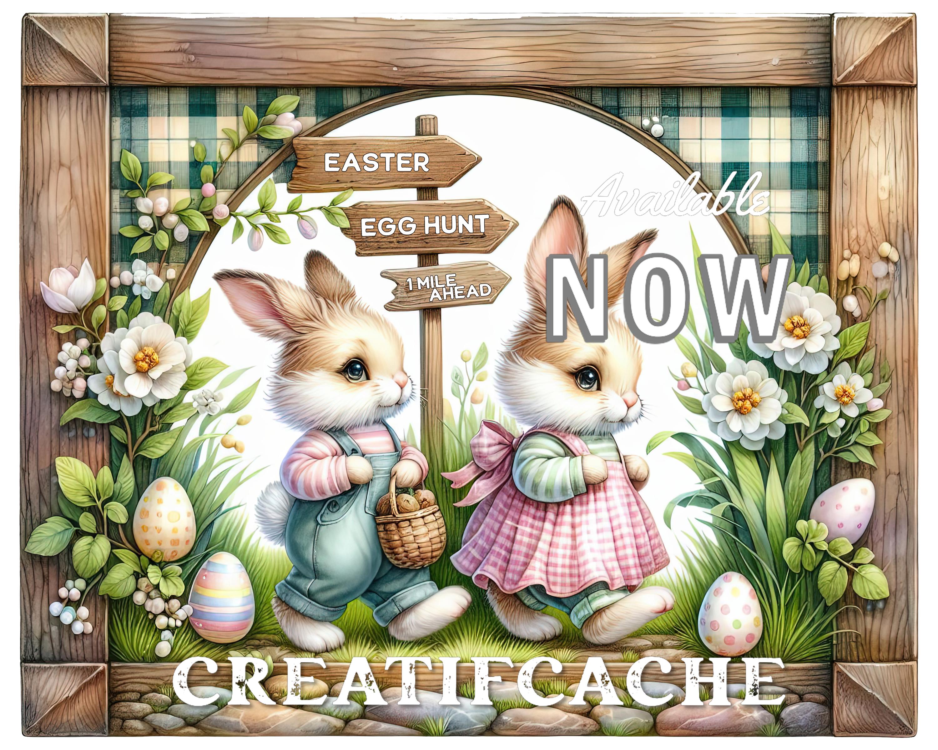 Whimsical Easter Egg Hunt Bunny Couple PNG Rectangle Sublimation ...
