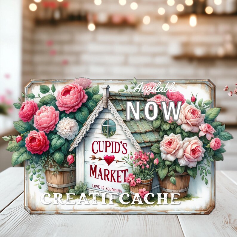 Cupids Flower Market PNG Metal Sign, Old Fashioned Cottage, Pink Roses ...