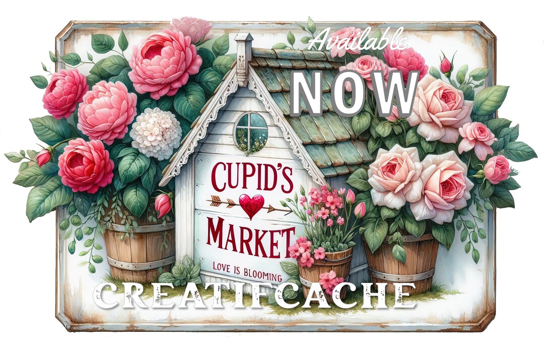 Cupids Flower Market PNG Metal Sign, Old Fashioned Cottage, Pink Roses ...