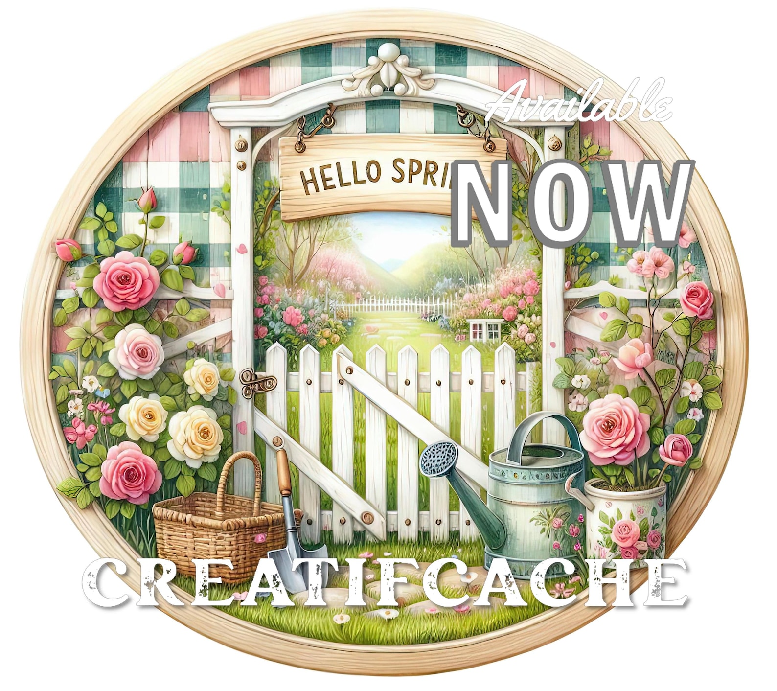 Hello Spring Garden Cottage Picket Fence Round PNG Sublimation, DIY ...