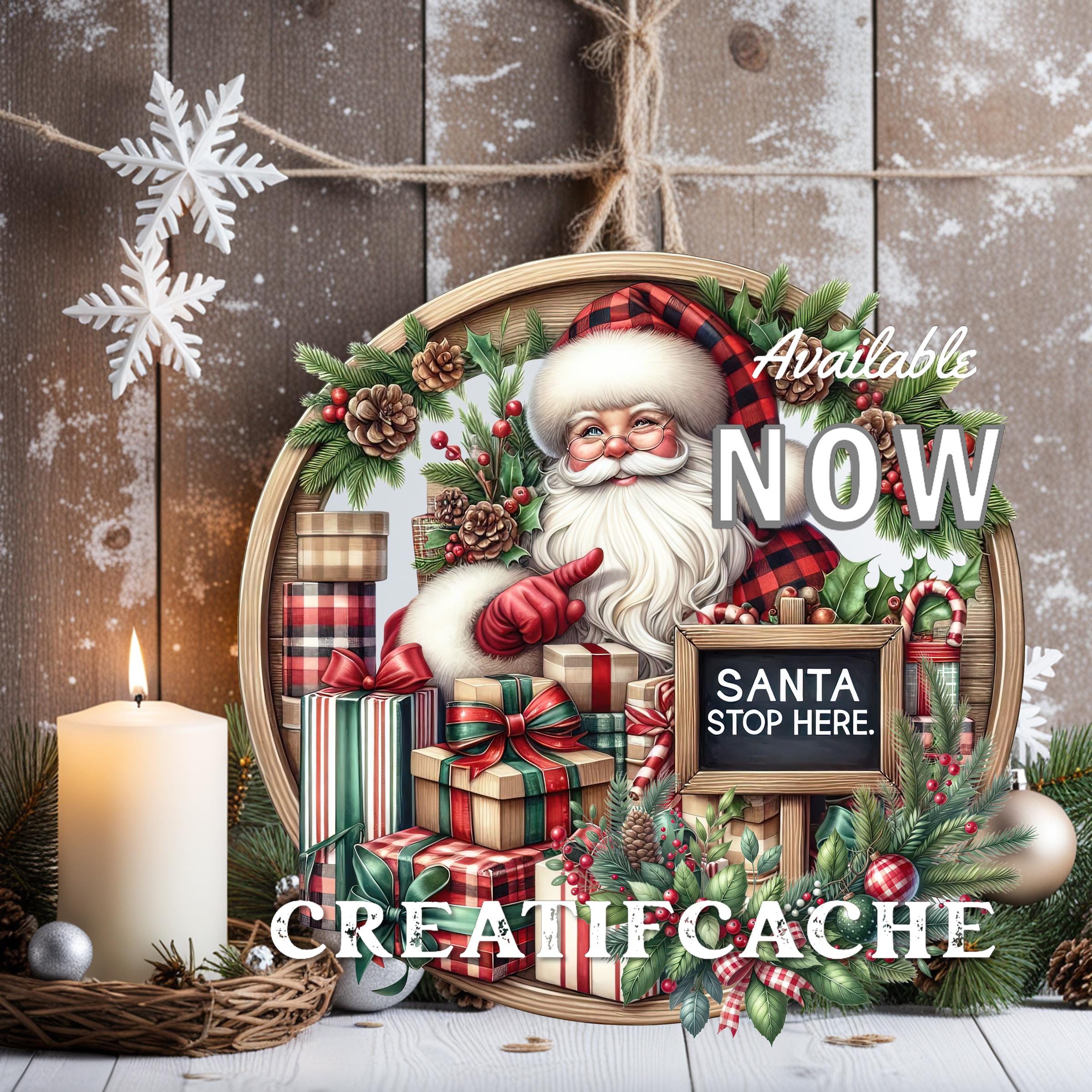 Santa Stop Here, Round, Christmas Decor, Printable, Wreath Accent, Xmas ...