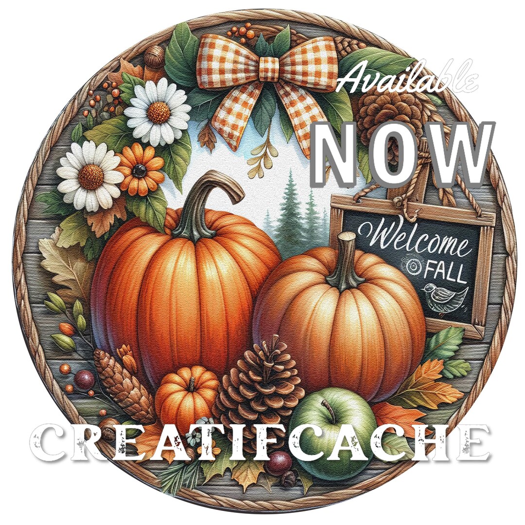 Welcome Fall, Pumpkin Sign, Round Door Hanger, Wreath Accent, PNG ...