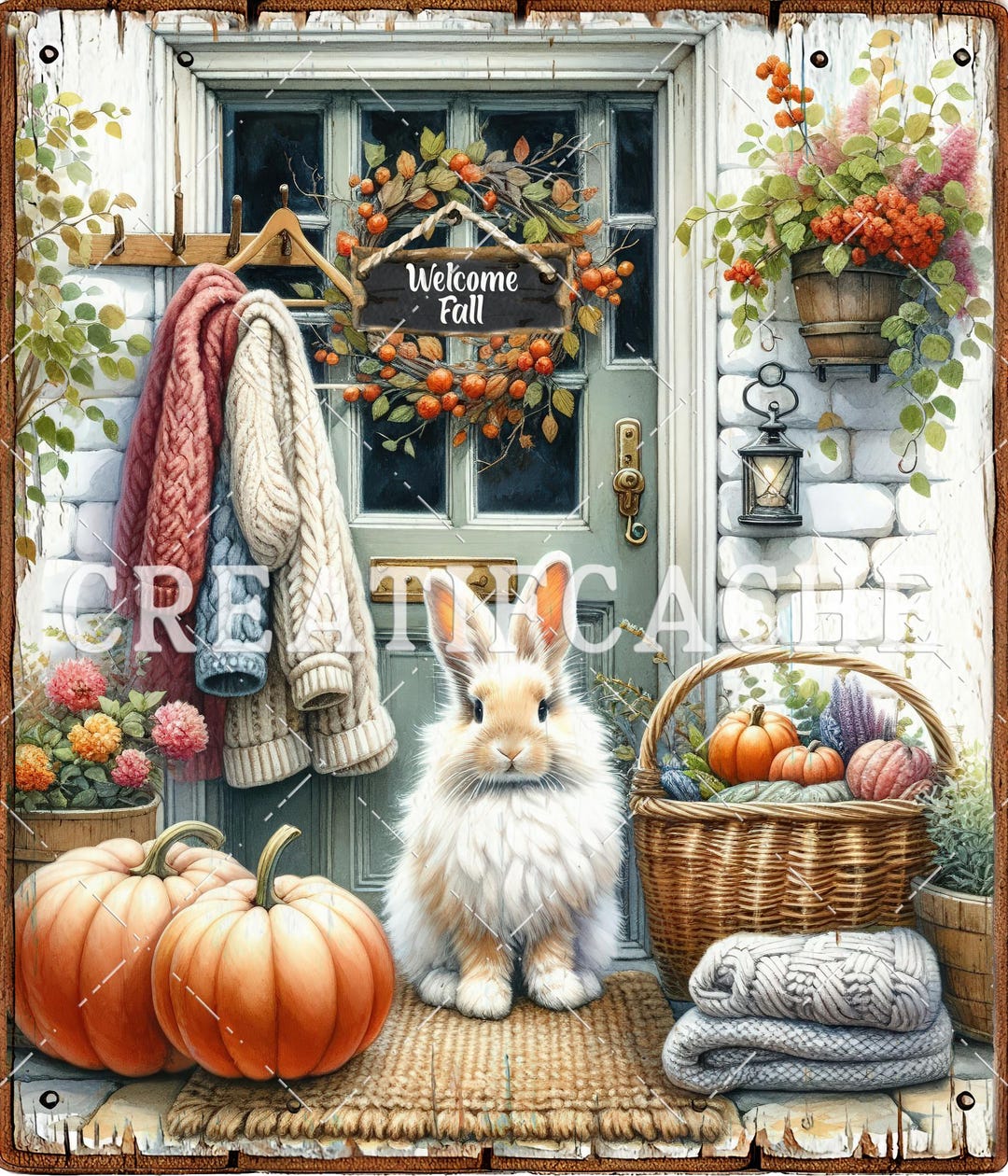 Welcome Fall Bunny Door Sublimation Digital, Cute Autumn Bunny, Sign ...