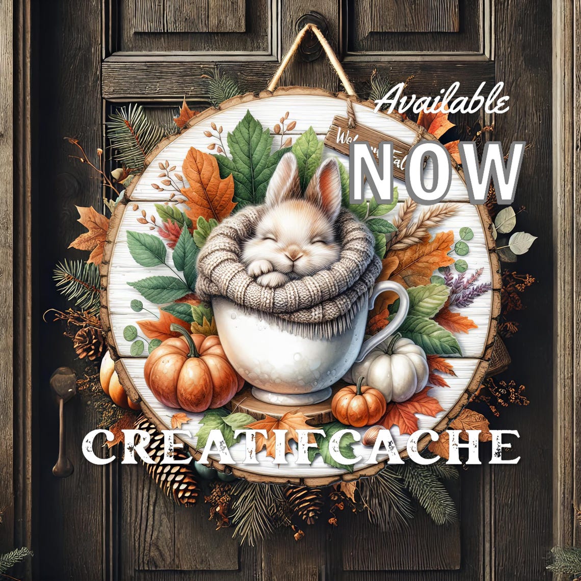 Welcome Fall, Teacup Bunny, Autumn Leaves, DIY Sign, Wreath Decor, Wood ...