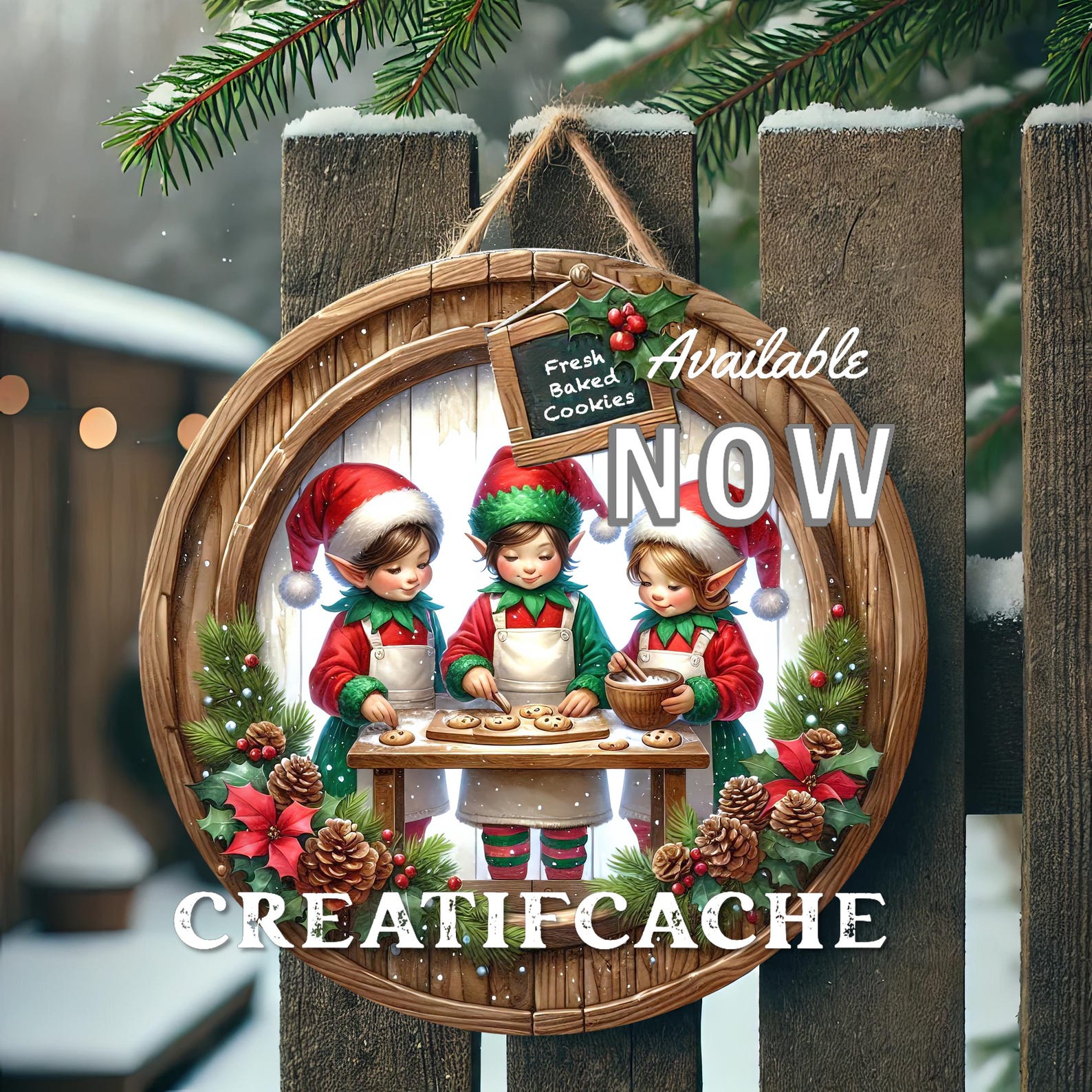 Christmas Elves Circle DIY Sign Xmas Kitchen Round Door Hanger Digital ...