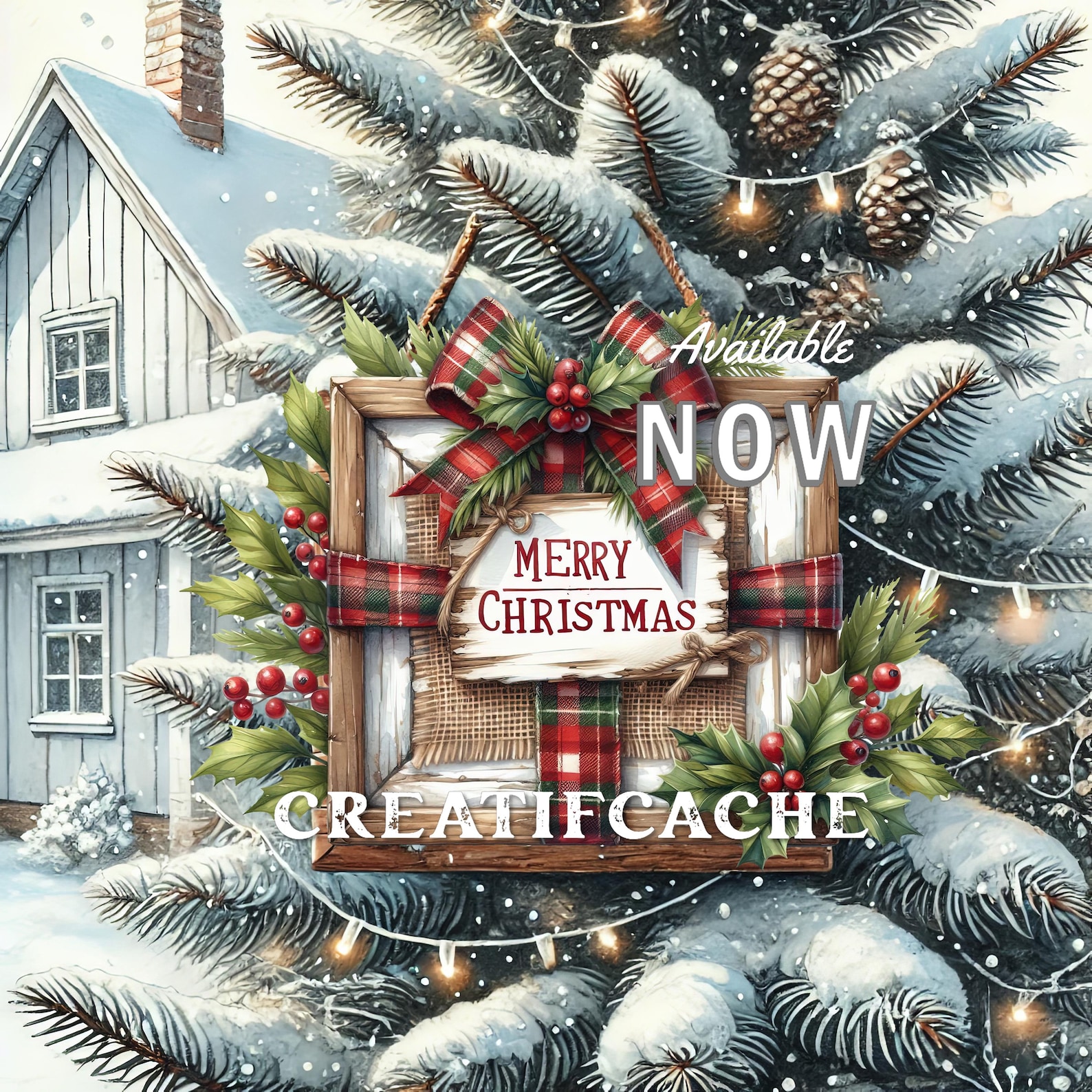 Rustic Farmhouse Merry Christmas Square Digital PNG Wreath Holiday ...