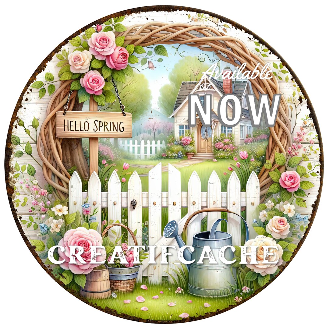 Hello Spring Garden Cottage Picket Fence Round PNG Sublimation, DIY ...