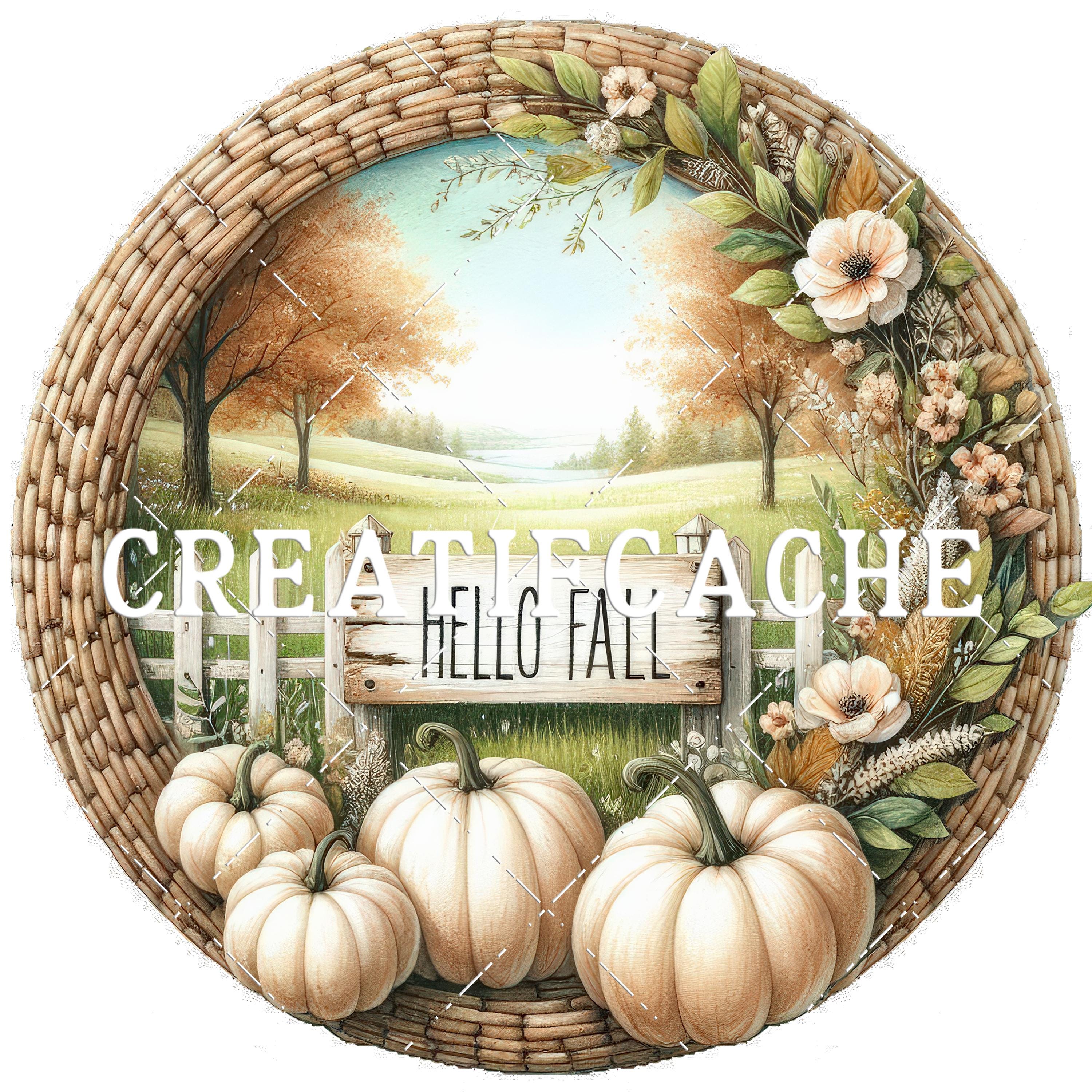 Hello Fall Round PNG Sublimation Autumn Field Cream Pumpkins ...