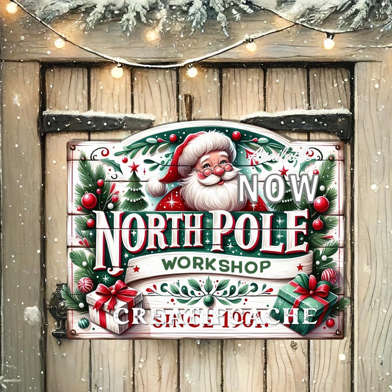 Santa's Workshop, Santa Digital PNG Metal Sign, Hot Drink, Cute Snowman ...
