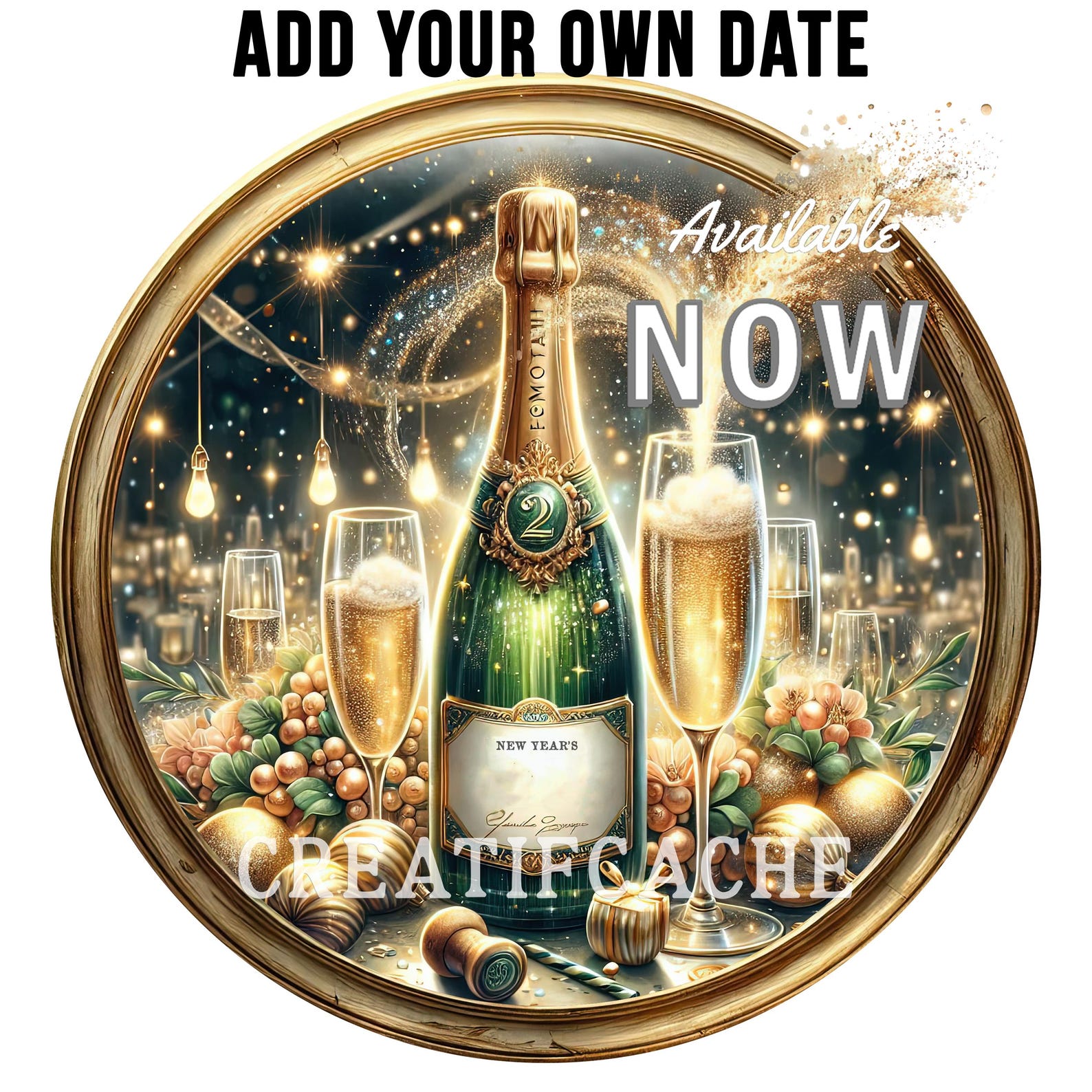 New Years Round Digital File Wreath Sign Champagne DIGITAL PNG New Year ...
