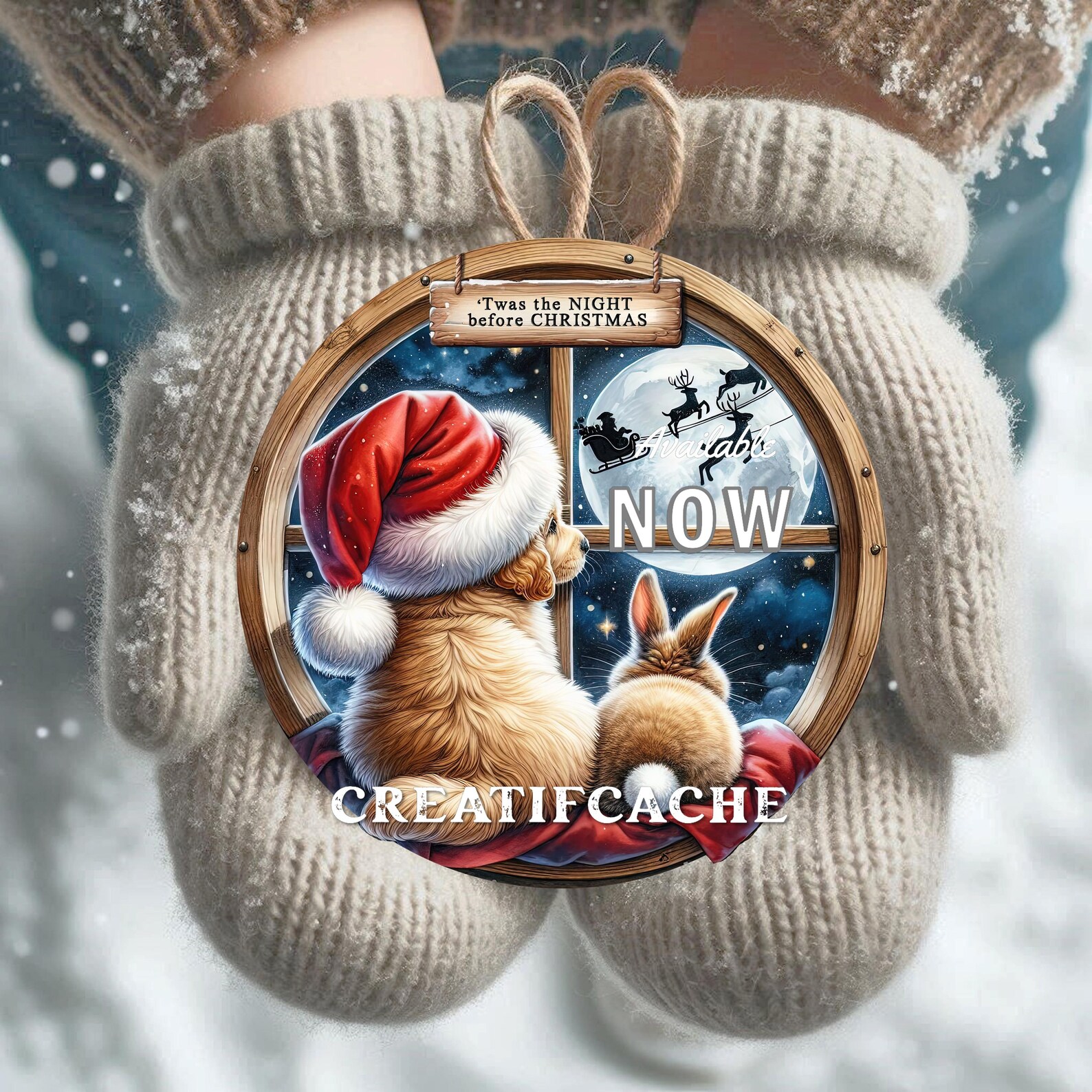 Adorable Christmas Eve Puppy, Window, Santa, Animal Lover, Sublimation ...