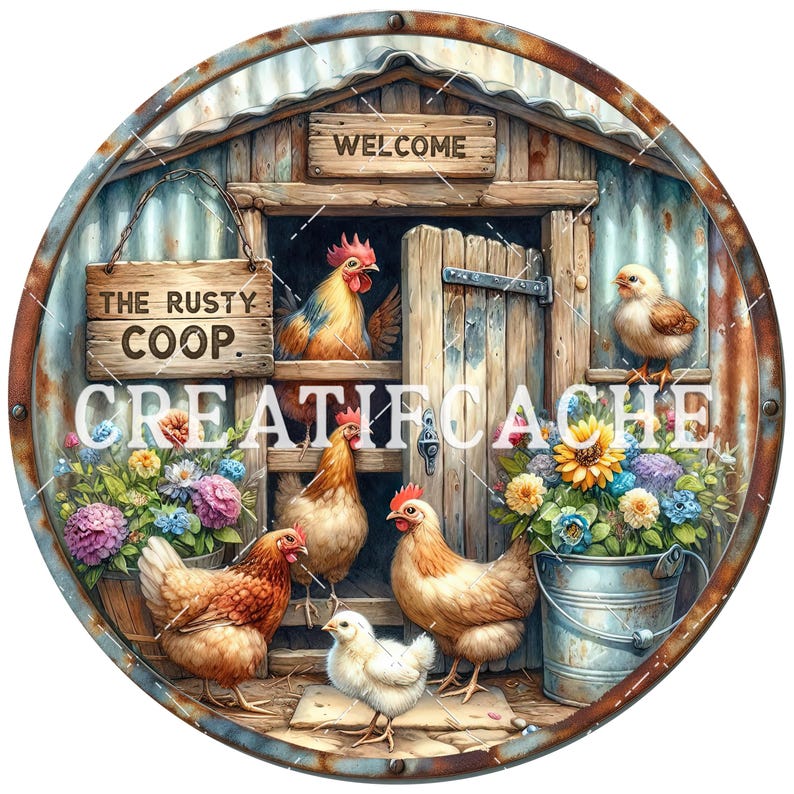 Rusty Chicken Coop Round PNG Sublimation, DIY Metal Sign, Rustic ...