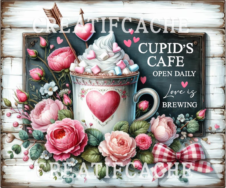 Cupid's Cafe Hot Cocoa Roses PNG Sublimation DIY Signs Crafts Digital ...
