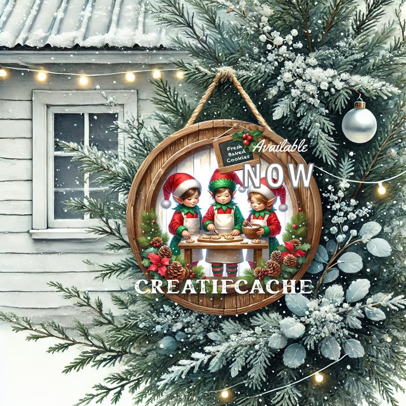 Christmas Elves Circle DIY Sign Xmas Kitchen Round Door Hanger Digital ...