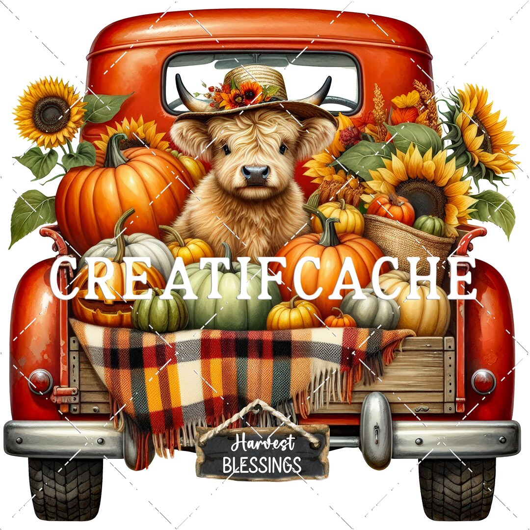 Fall Truck Png Graphic, Harvest Highland Cow Clip Art, Farmhouse ...