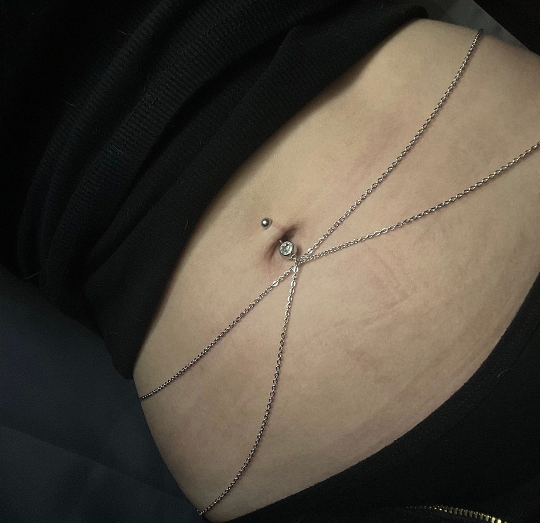 14g Belly Button Barbell Silver With Waist Chains Adjustable 3640 M-L ...